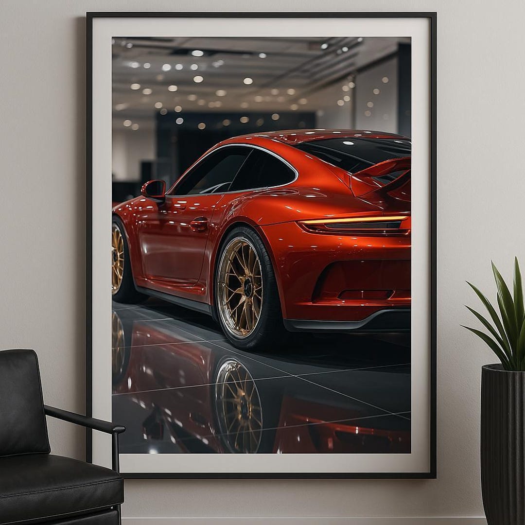 Showroom Elegance Red Sports Car Poster With Gold Rims Modern ...
