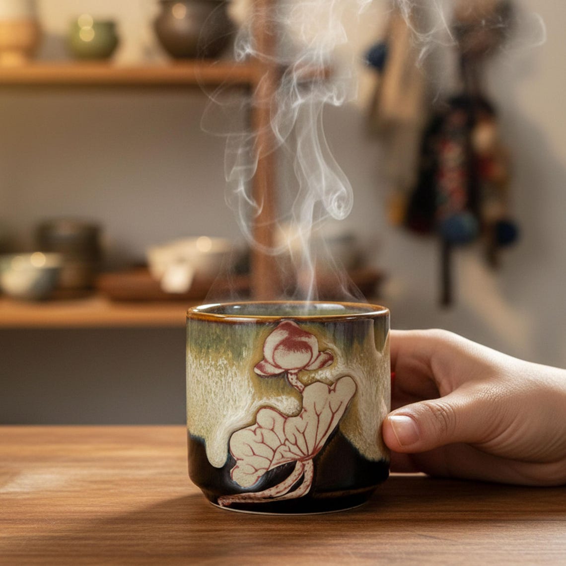 Lotus Harmony Espresso Cup With Reactive Glaze, Artisan Carved Design ...