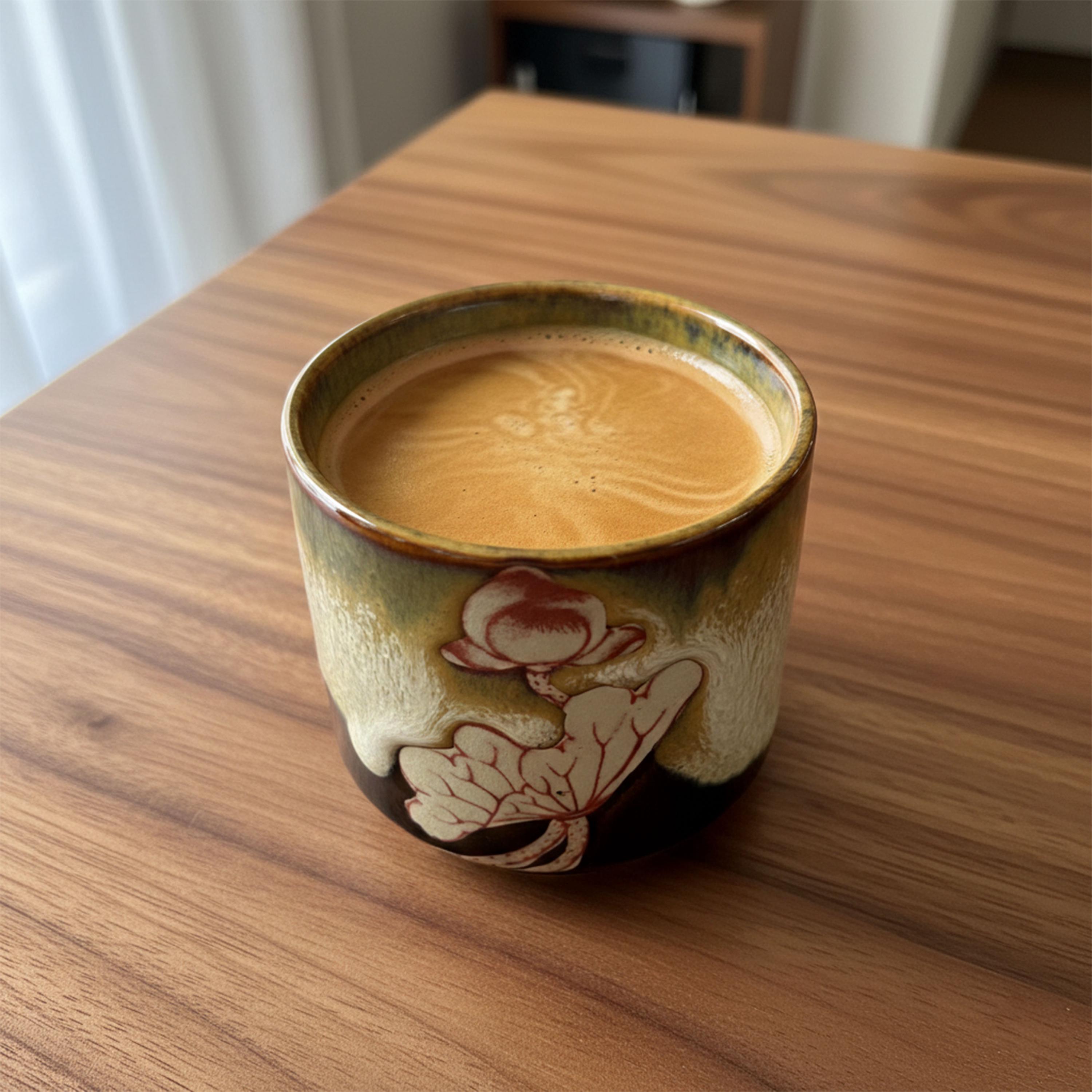 Lotus Harmony Espresso Cup With Reactive Glaze, Artisan Carved Design ...