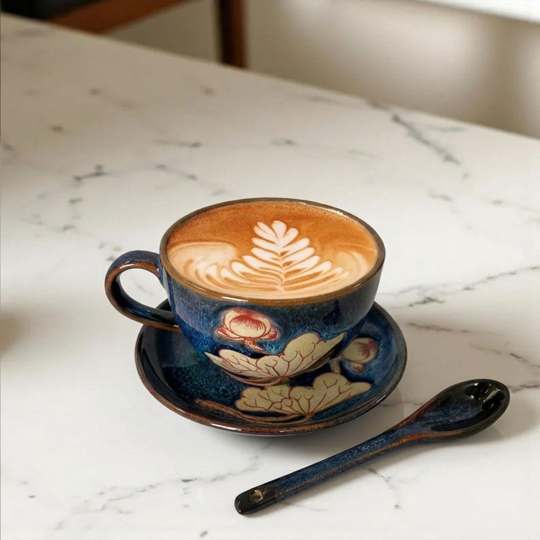 Cappuccino Cup Set, Latte Cup Set & Saucer Set, 8.5oz Handmade Reactive ...