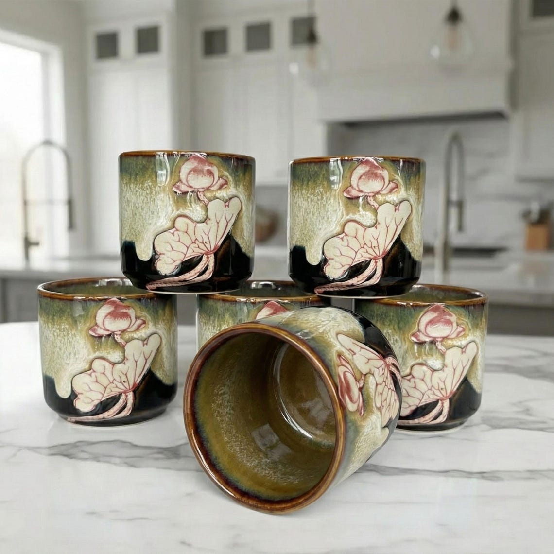 Lotus Harmony Espresso Cup With Reactive Glaze, Artisan Carved Design ...
