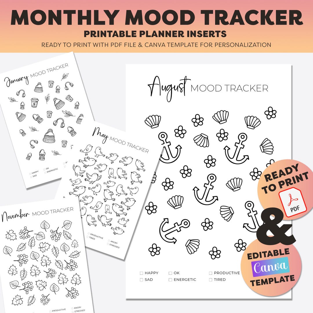 Monthly Mood Tracker | 12-page Mood Planner Bundle | A4, A5 & Letter ...