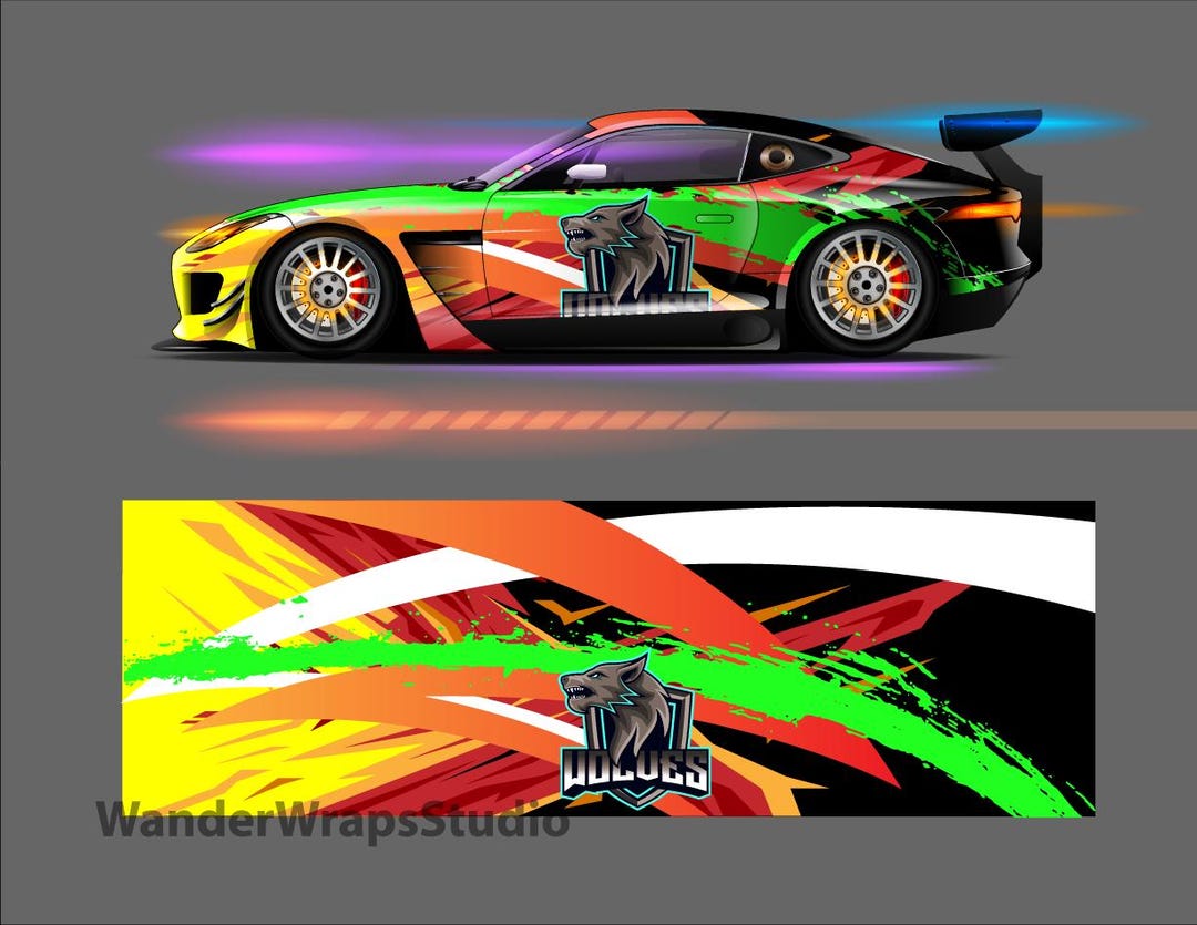Wolves Mascot Race Car Wrap Design: Editable Colors (EPS, PDF Print ...