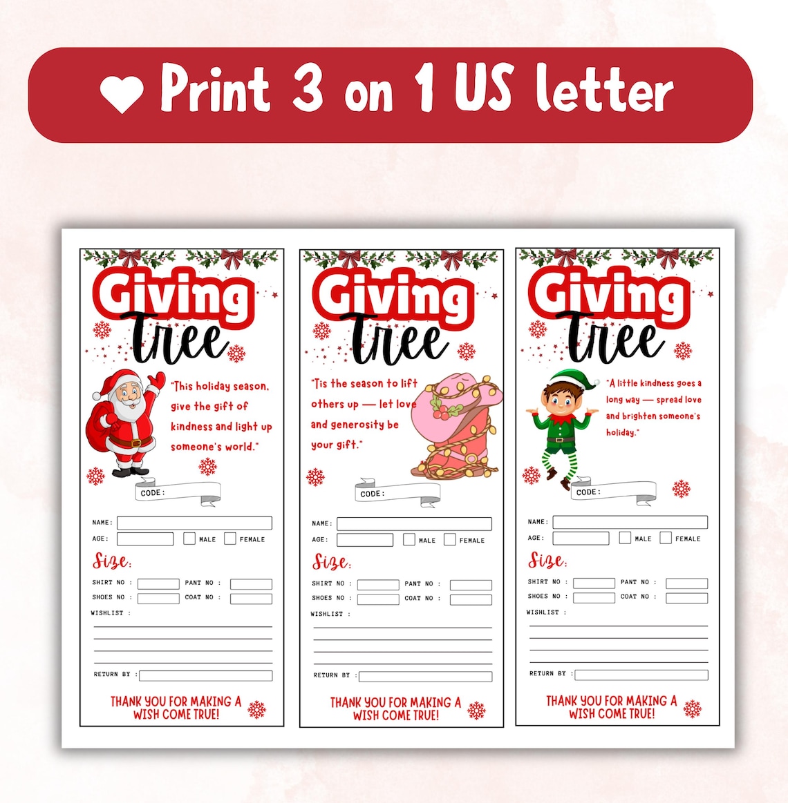 Christmas Giving Tree Gift Tag Printable Editable Donation Slip for ...