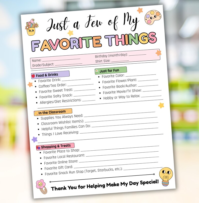 Printable Teacher Favorite Things List PDF, Editable Teacher ...