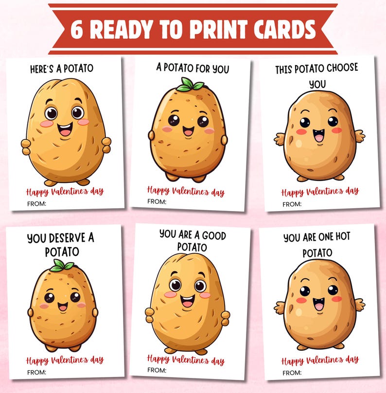 Funny Potato Valentines, Valentine's Day Cards for Kids, Printable ...