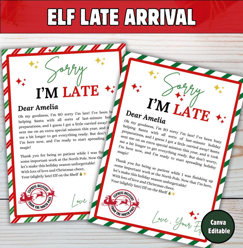Printable Elf Arrival Letter, Sorry Im Late Elf Note, Funny Christmas ...