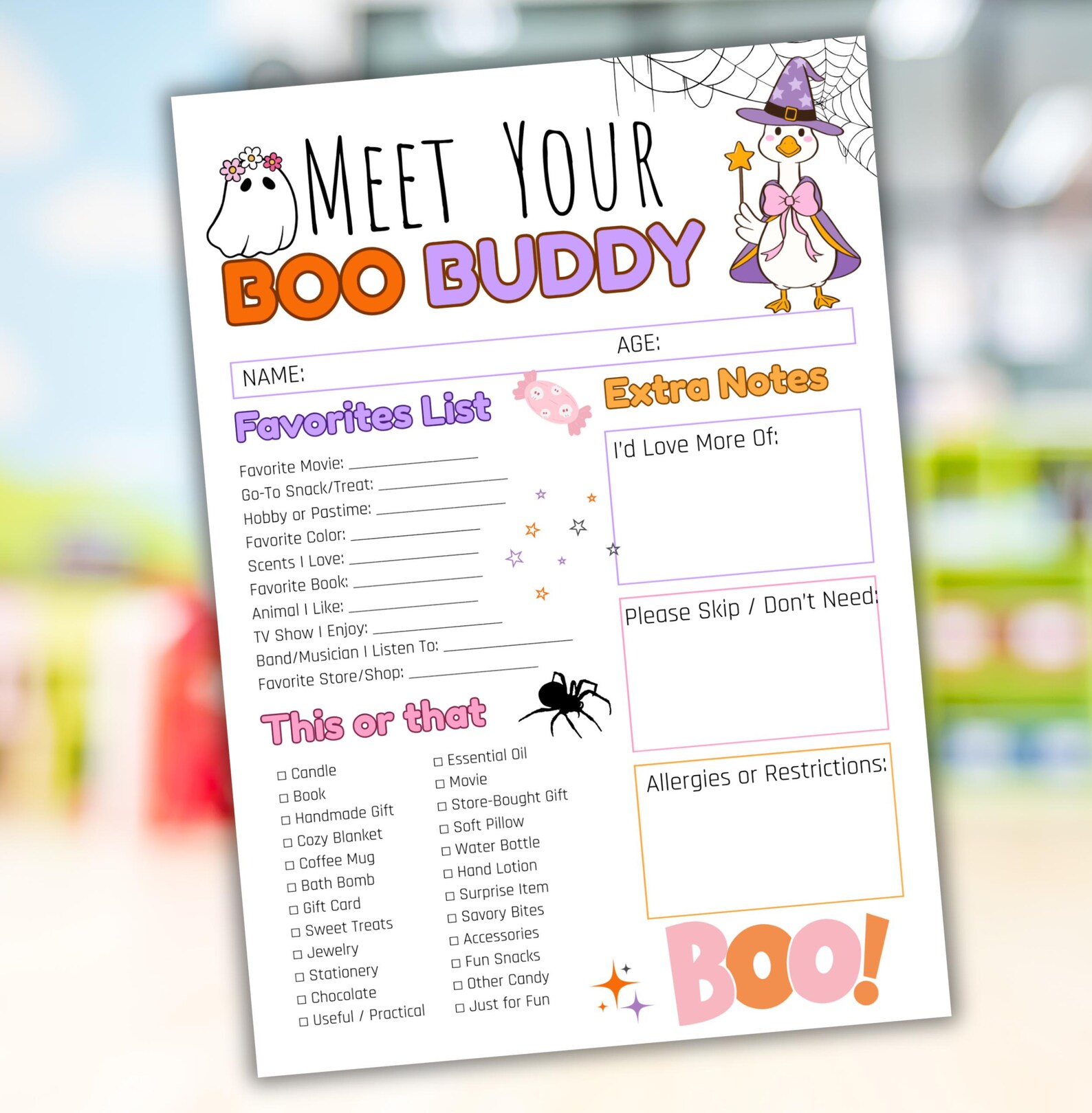 Halloween Boo Buddy Questionnaire: Printable Gift Exchange Form (PDF ...