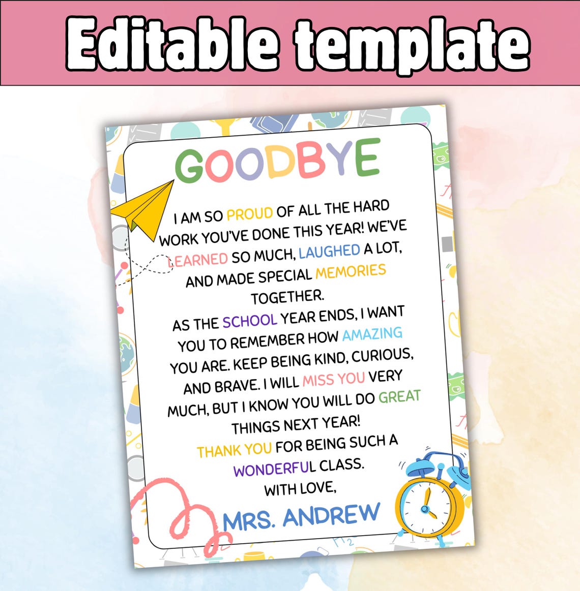 End of School Year Letter Printable, Goodbye Letter to Student ...