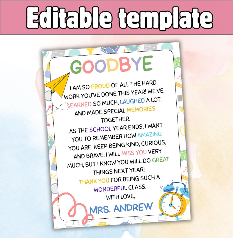 End of School Year Letter Printable, Goodbye Letter to Student ...