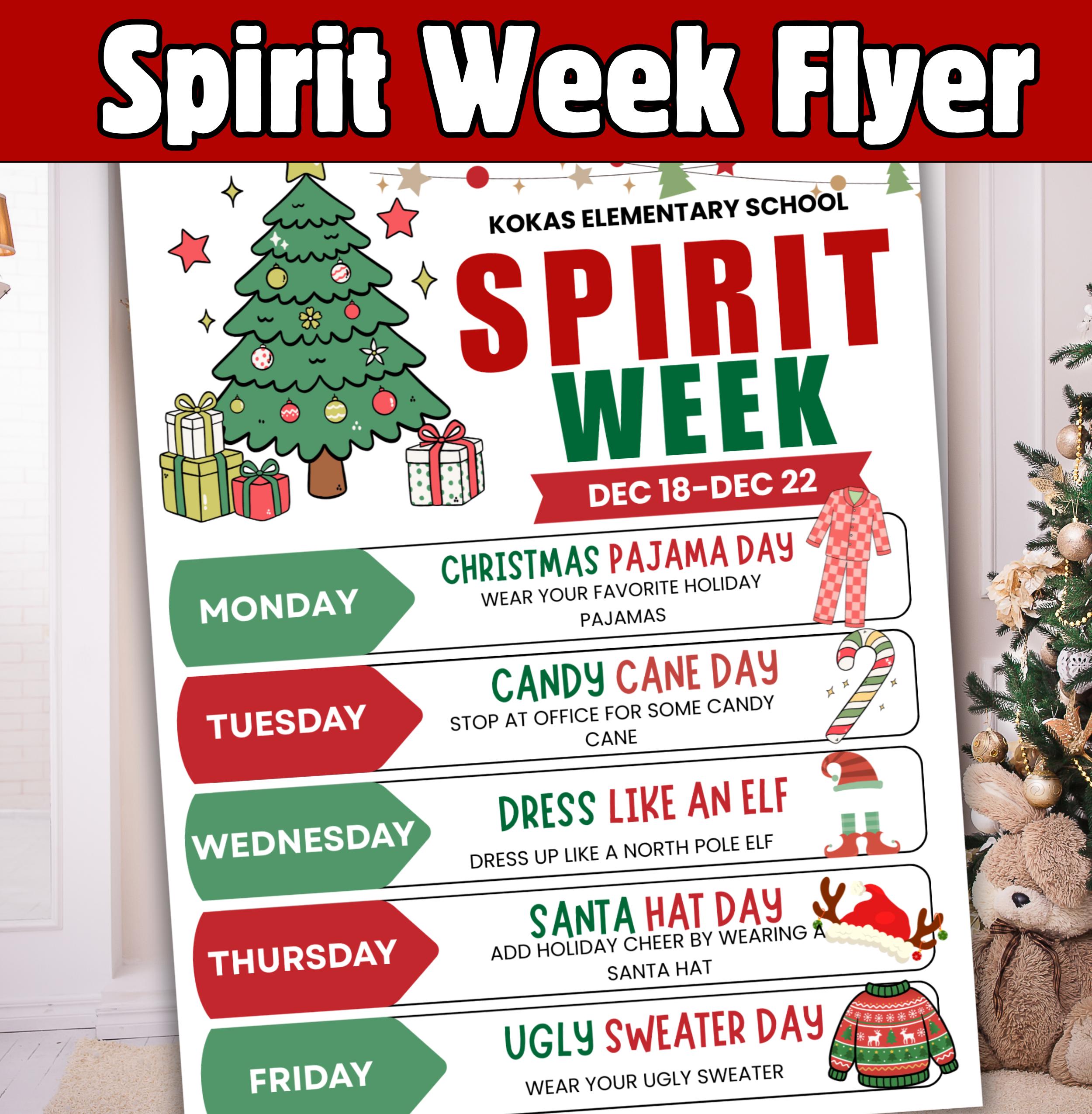 Christmas Spirit Week Flyer Template, Spirit Week Itinerary, School ...