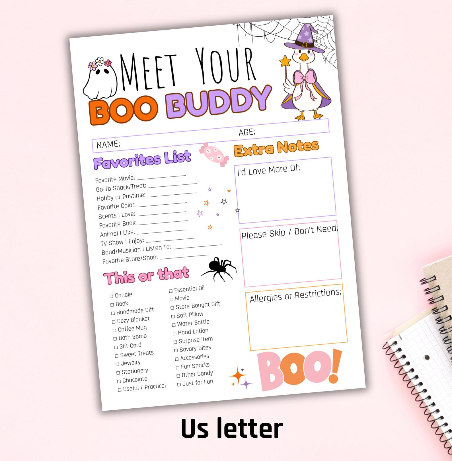 Halloween Boo Buddy Questionnaire: Printable Gift Exchange Form (PDF ...