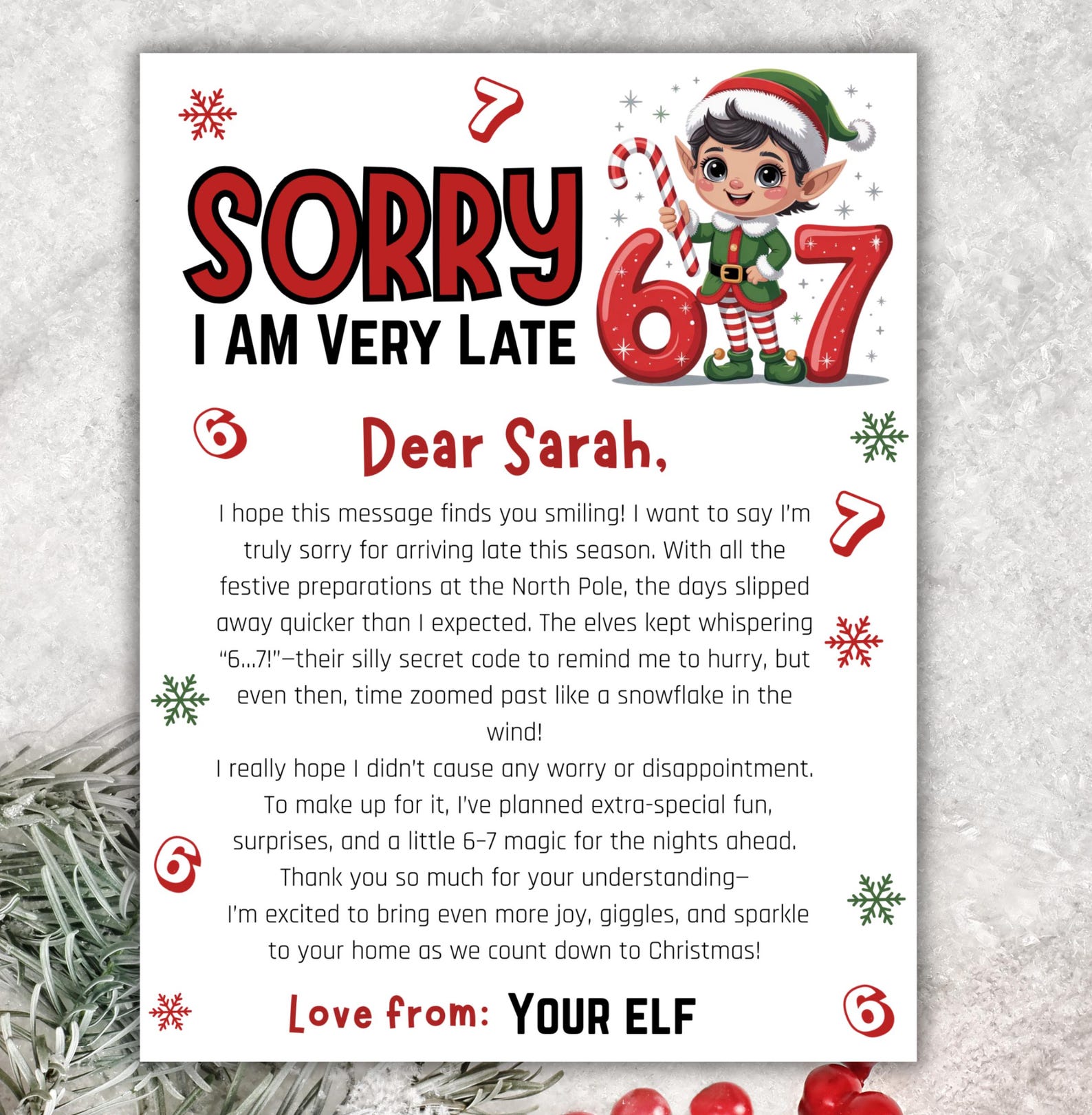 Printable 6-7 Elf Late Arrival Letter, Six Seven Trending Meme ...