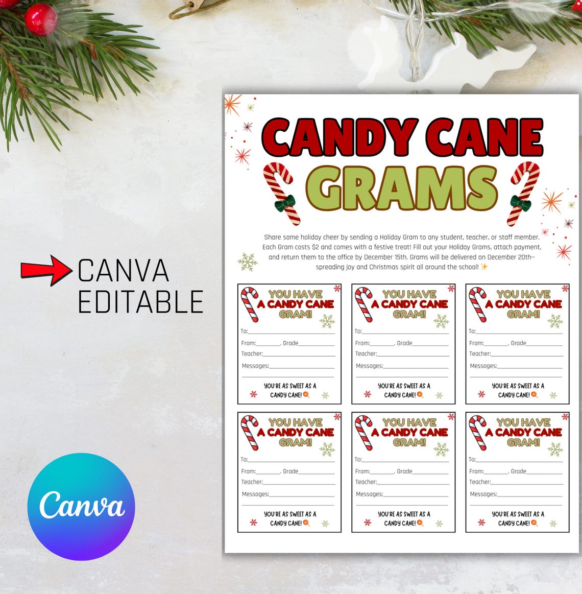 Editable Candy Cane Gram Canva Template, Holiday Christmas Grams ...