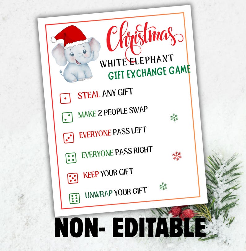 PRINTABLE White Elephant Christmas Dice Gift Exchange Pass Game | Small ...