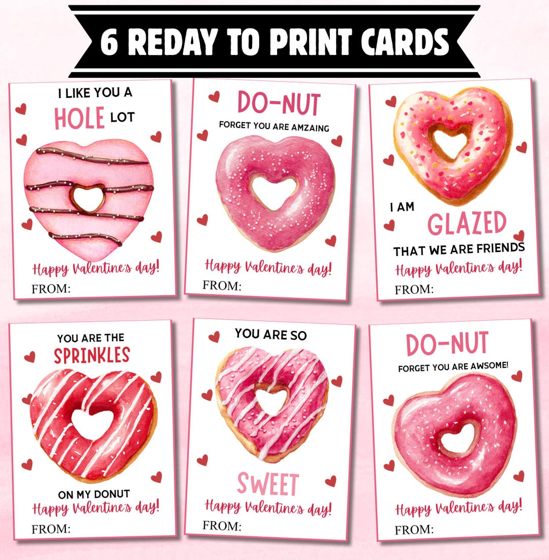 Cute Donut Valentine's Day Cards for Kids: Printable Vday Gift Tags ...