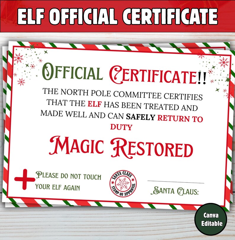 Elf Recovery Certificate Printable Restore Magic Wellness Note Editable ...