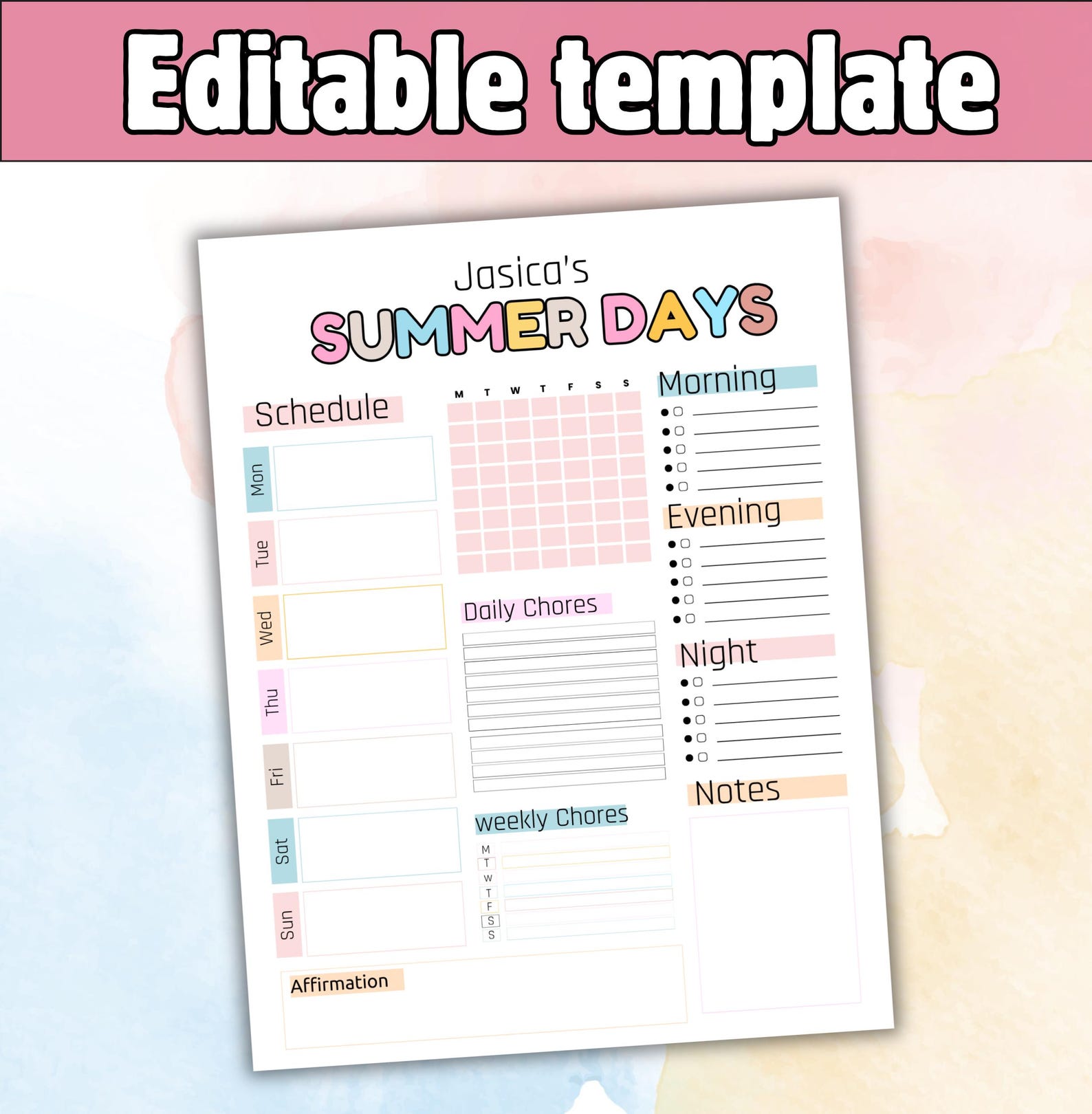 Kids Summer Schedule Editable Template, Summer Planner Kids, Summer ...