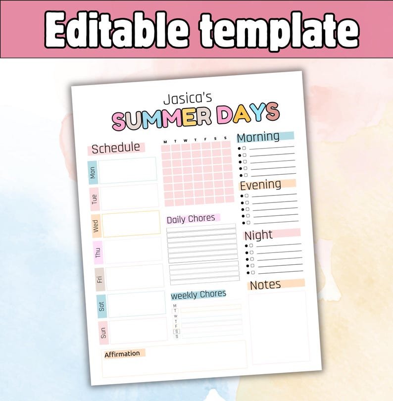 Kids Summer Schedule Editable Template, Summer Planner Kids, Summer ...