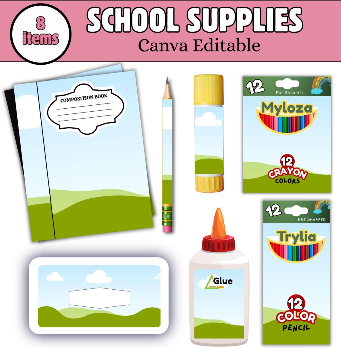 Editable School Supplies Label Template Bundle, Custom School Supplies ...