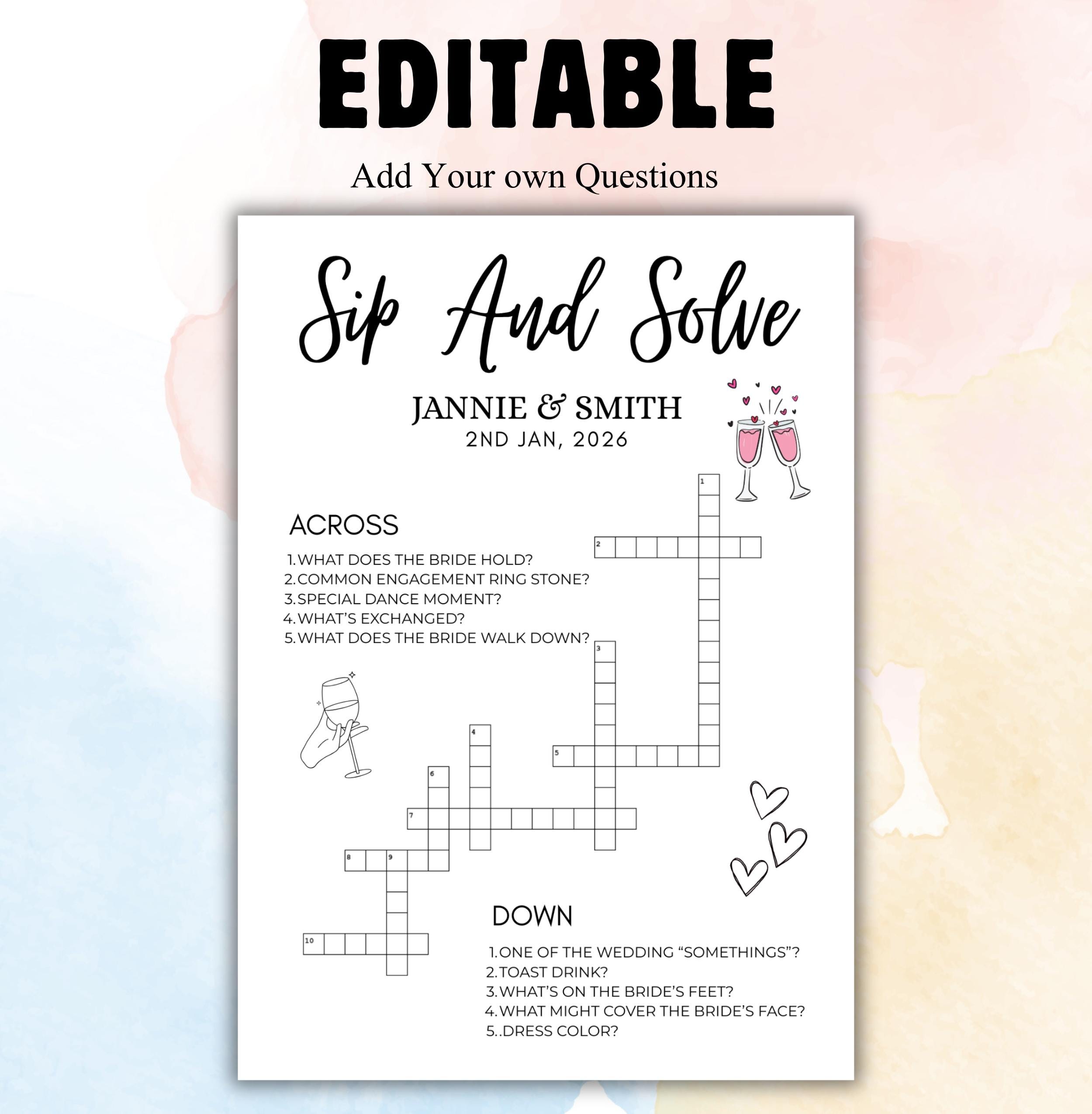 Custom Wedding Sip and Solve Small Crossword Puzzle, Sip & Solve ...
