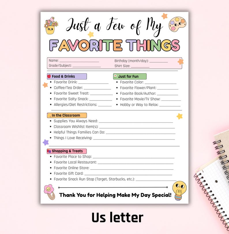 Printable Teacher Favorite Things List PDF, Editable Teacher ...