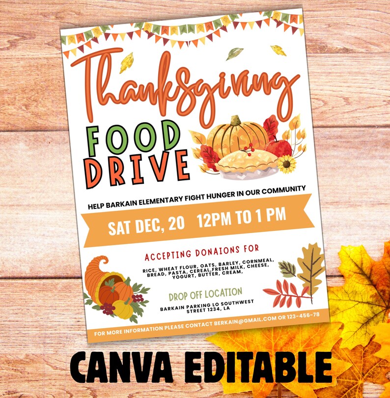 Editable Thanksgiving Food Drive Poster, Food Bank Donation Church ...