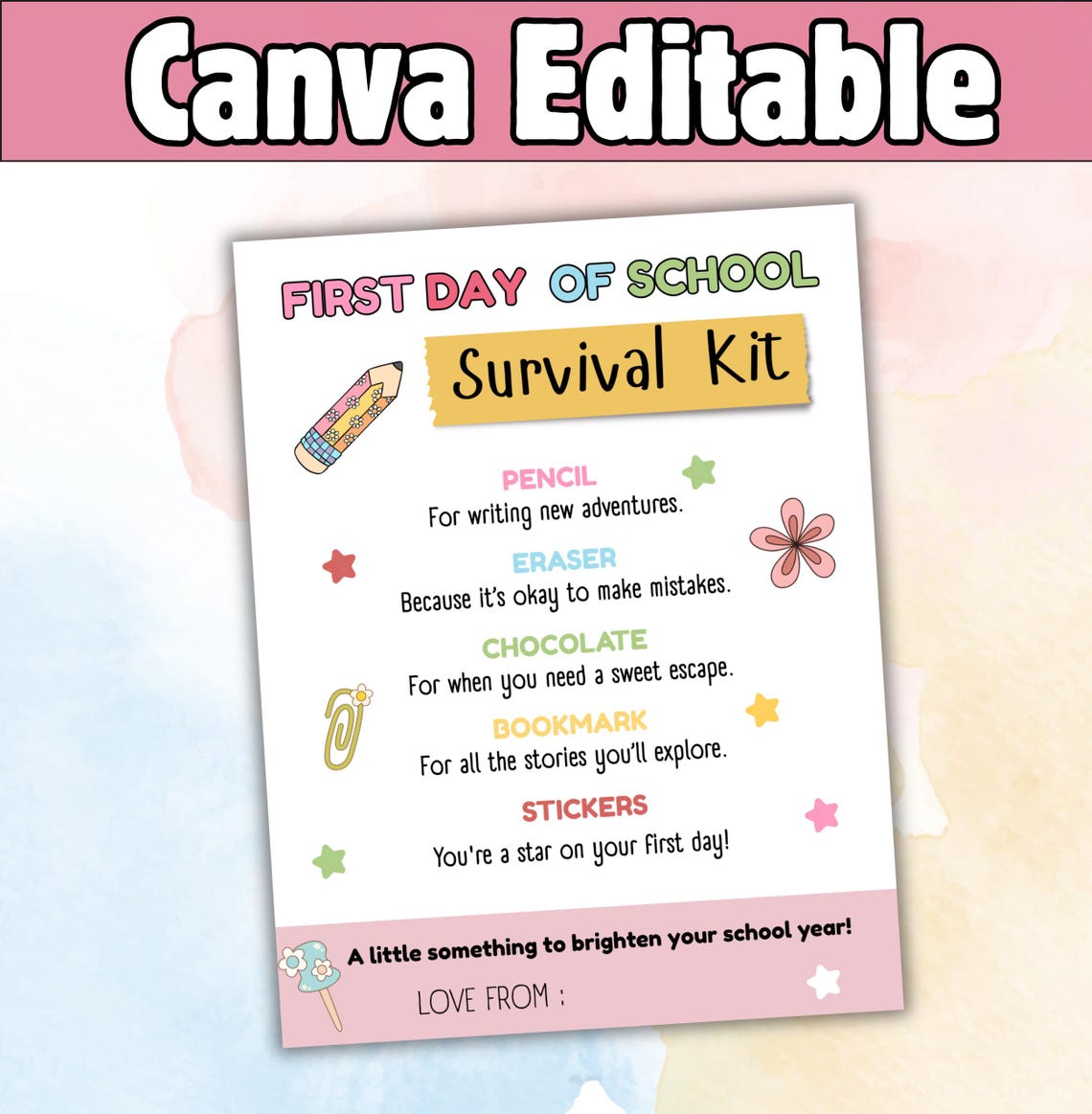 Editable First Day of School SURVIVAL KIT, Middle School Survival Kit ...