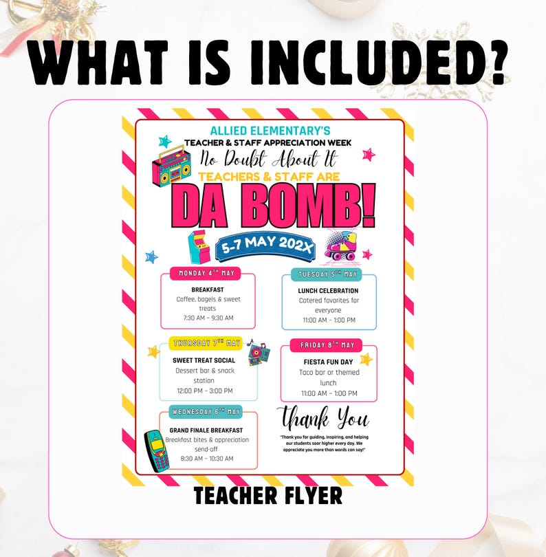 Editable 90s Theme Teacher Appreciation Flyer: Retro Da Bomb Itinerary ...