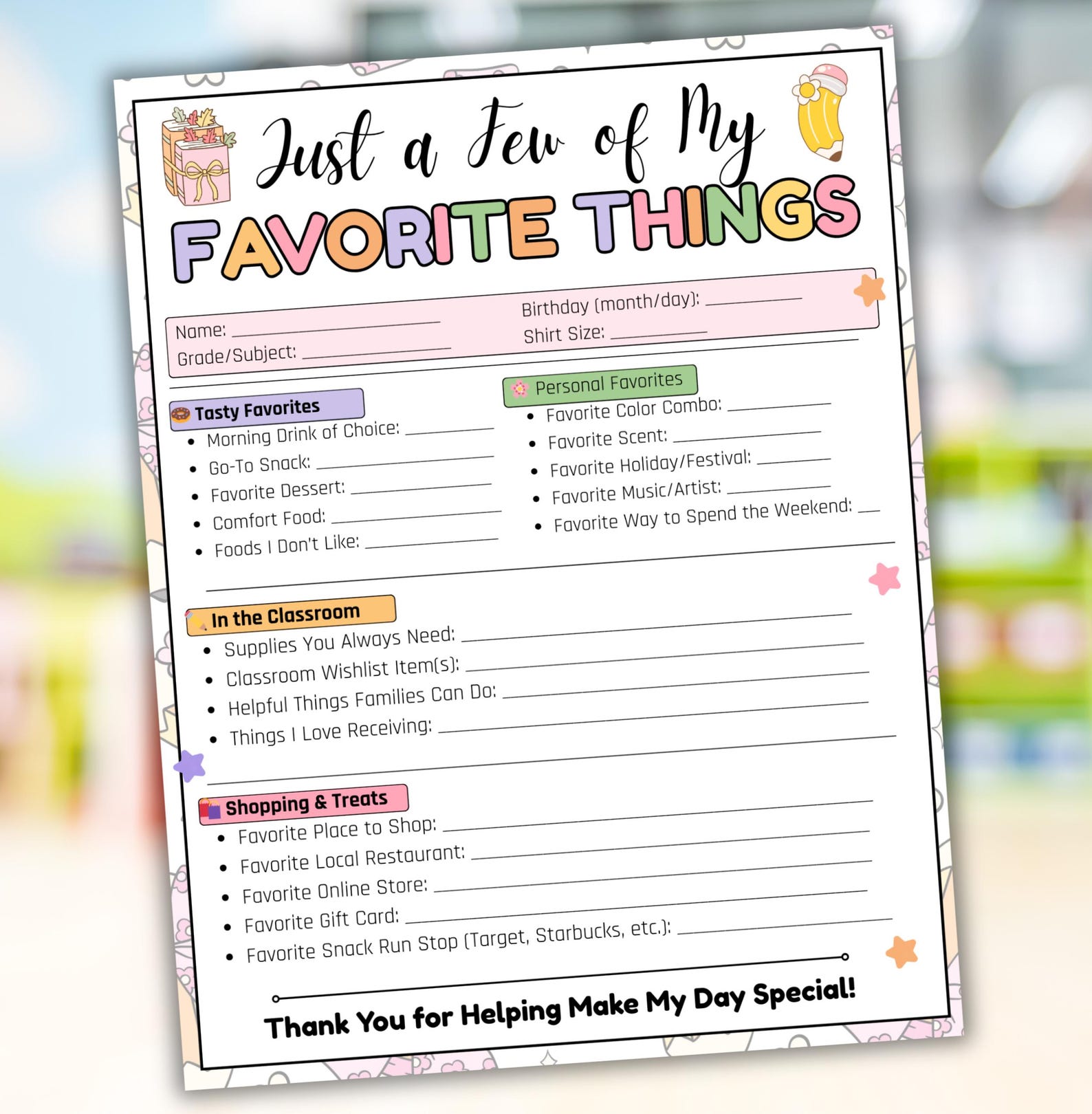 Just a Few of My Favorite Things Teacher Questionnaire | Editable ...