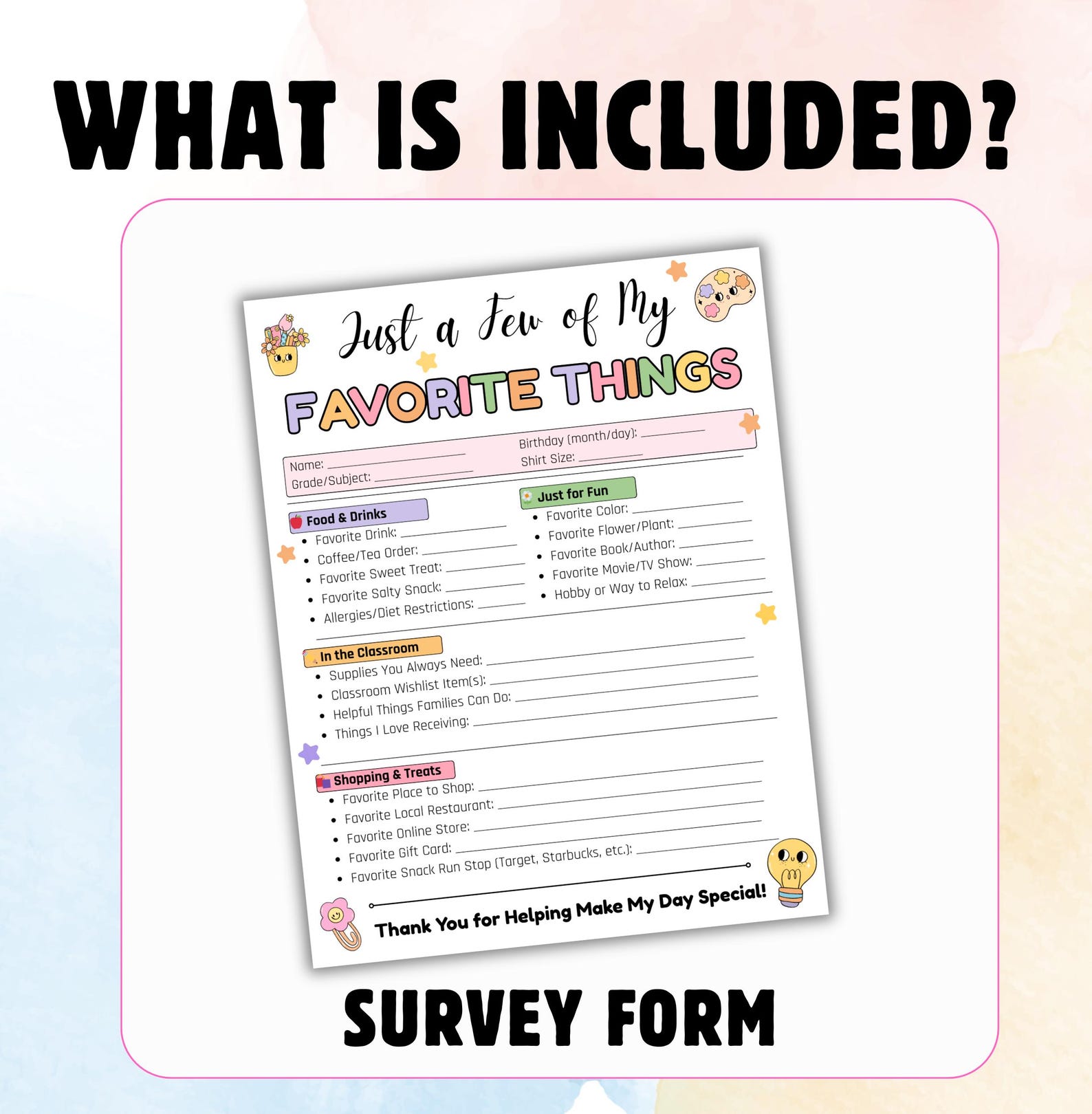 Printable Teacher Favorite Things List PDF, Teacher Appreciation ...