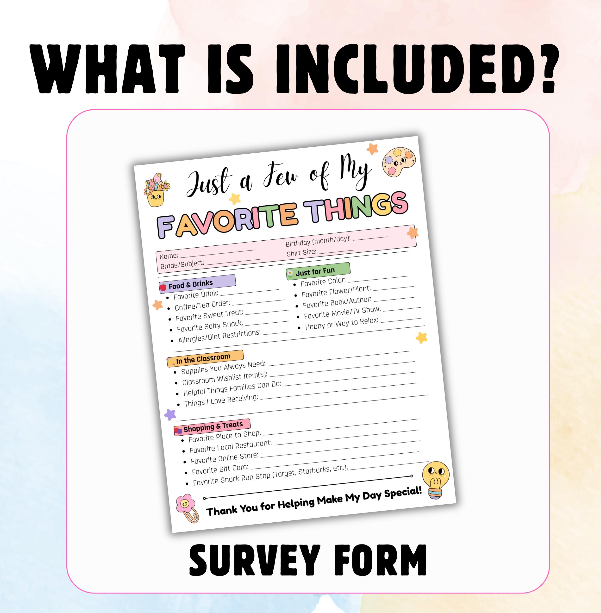 Printable Teacher Favorite Things List PDF, Editable Teacher ...