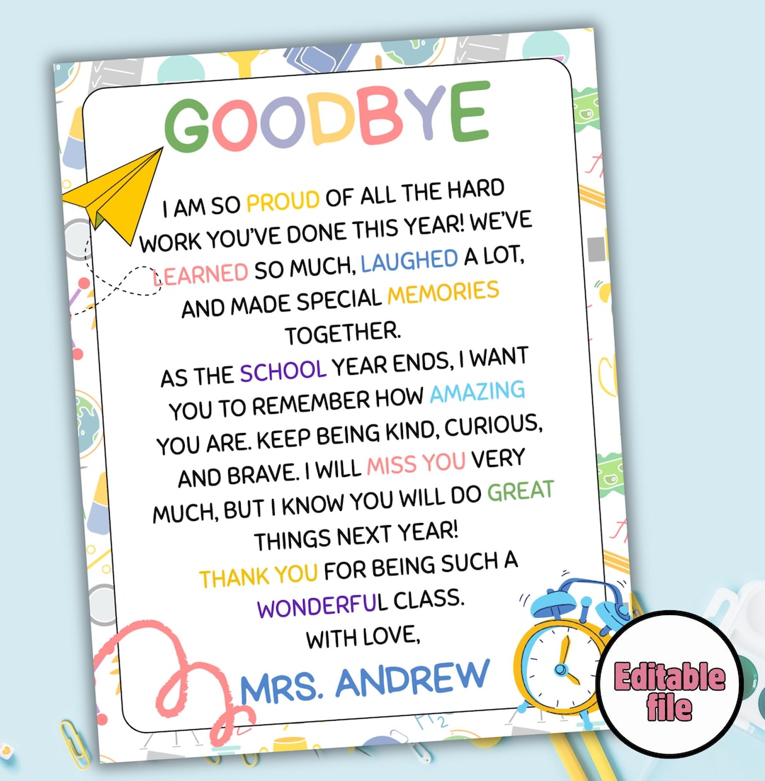 End of School Year Letter Printable, Goodbye Letter to Student ...