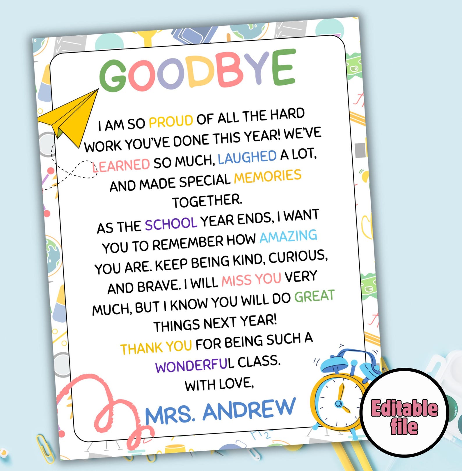 End of School Year Letter Printable, Goodbye Letter to Student ...