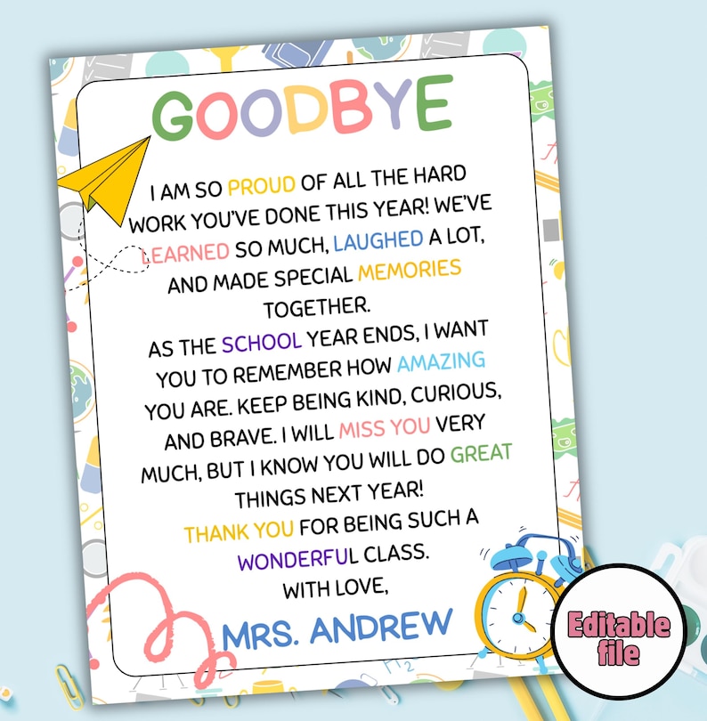 End of School Year Letter Printable, Goodbye Letter to Student ...