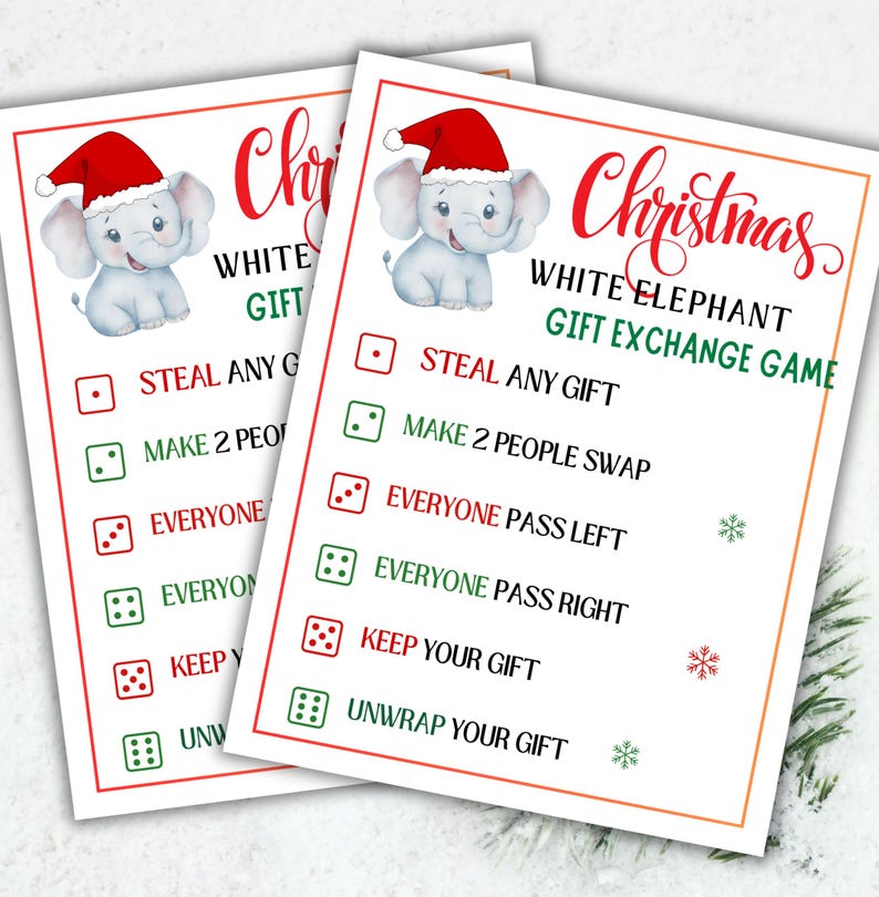 PRINTABLE White Elephant Christmas Dice Gift Exchange Pass Game | Small ...