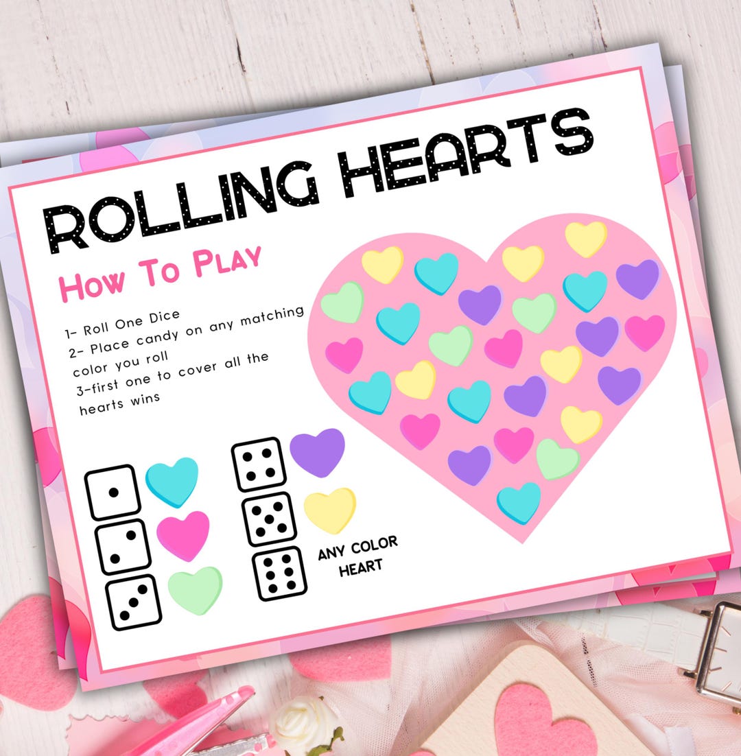 Valentine's Day Candy Game, Printable Rolling Hearts Valentine Games ...