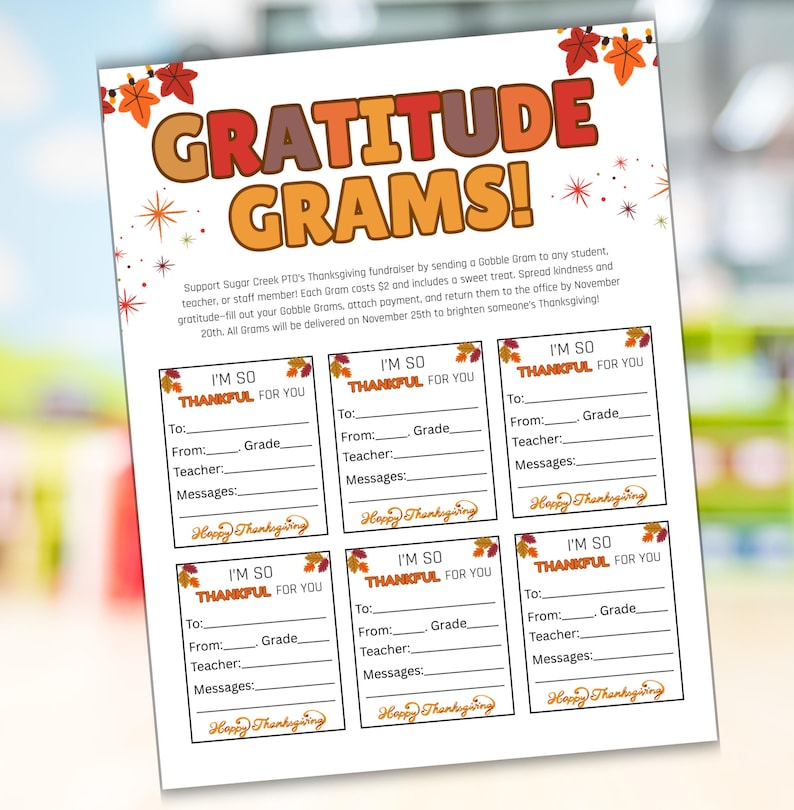 Thanksgiving Gratitude Grams Printable | PTA Fundraiser Template ...