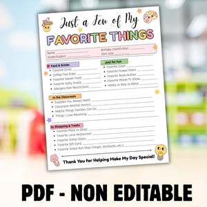 Printable Teacher Favorite Things List PDF, Editable Teacher ...
