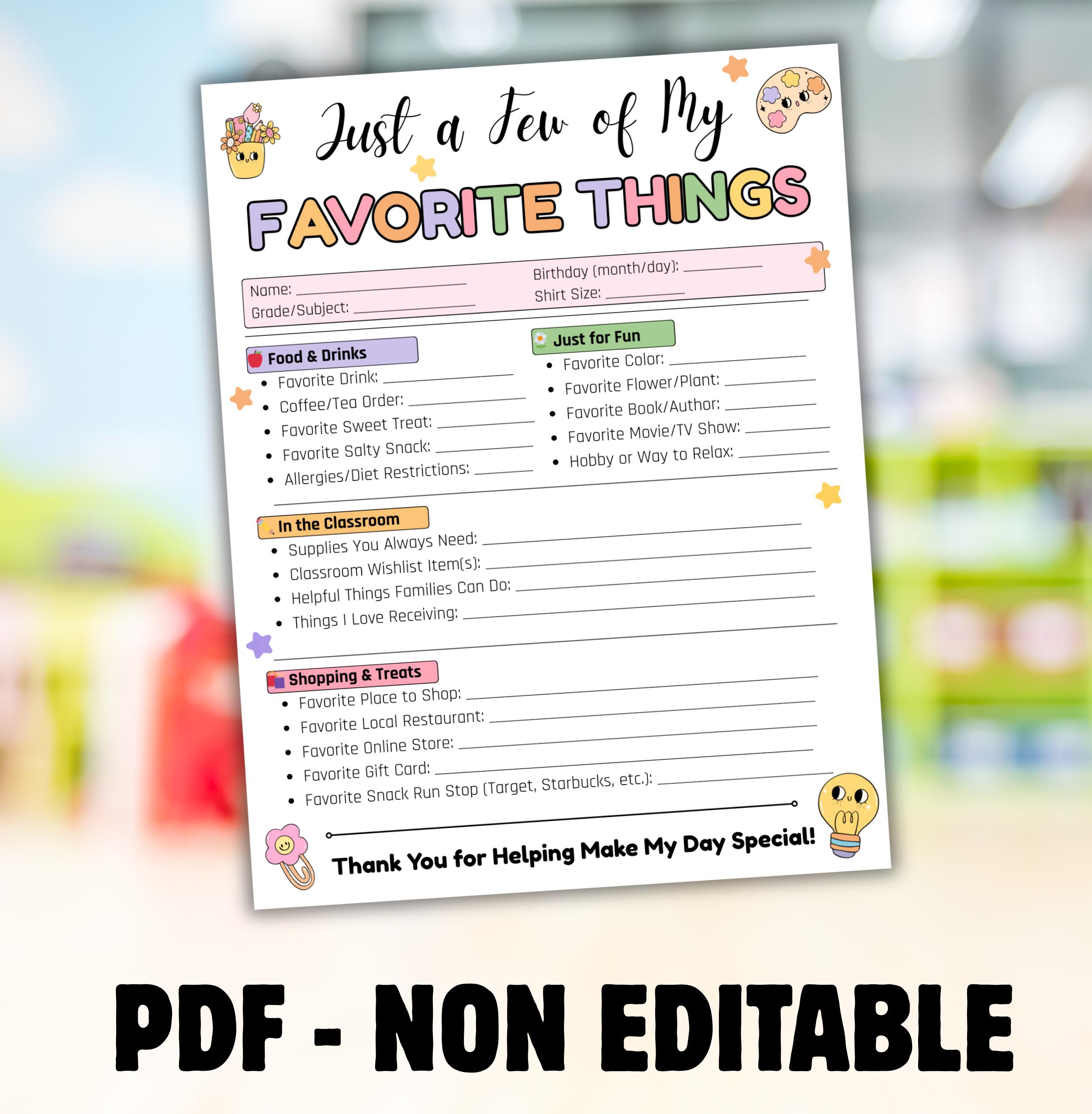 Printable Teacher Favorite Things List PDF, Editable Teacher ...