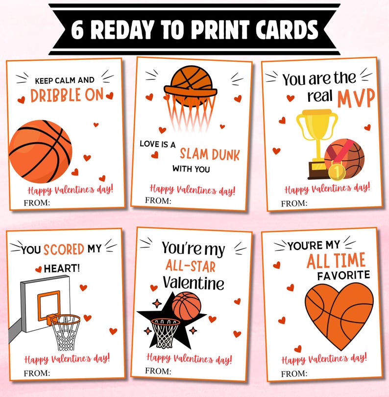 Printable Basketball Valentine Cards, Valentine Sport Card Gift, Kids ...