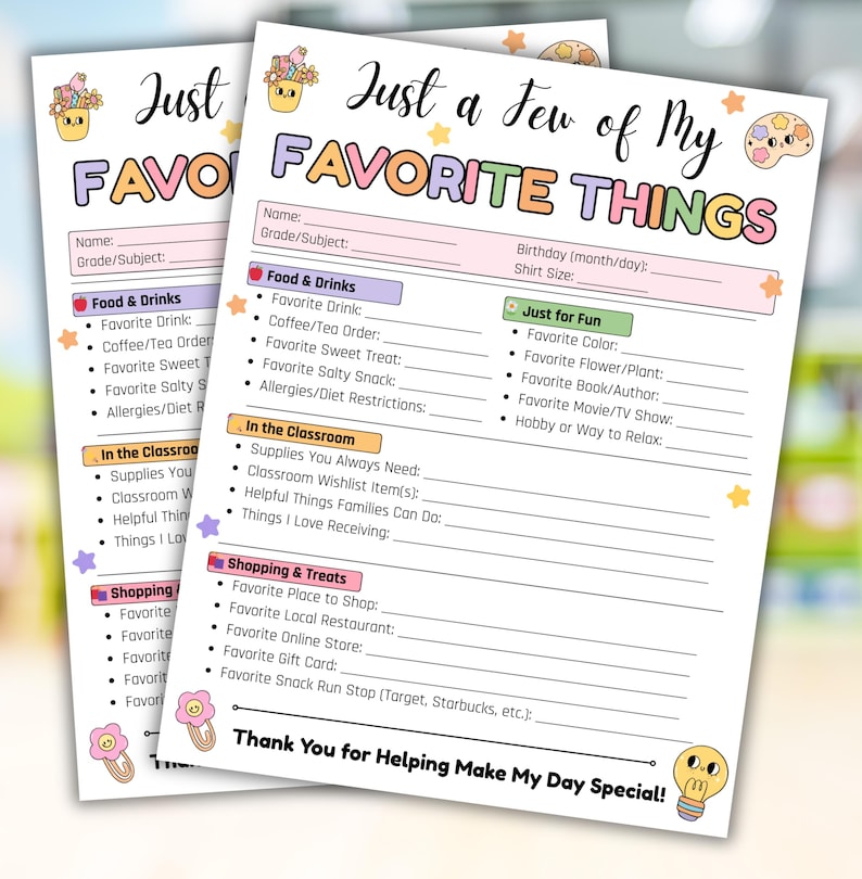 Printable Teacher Favorite Things List PDF, Editable Teacher ...