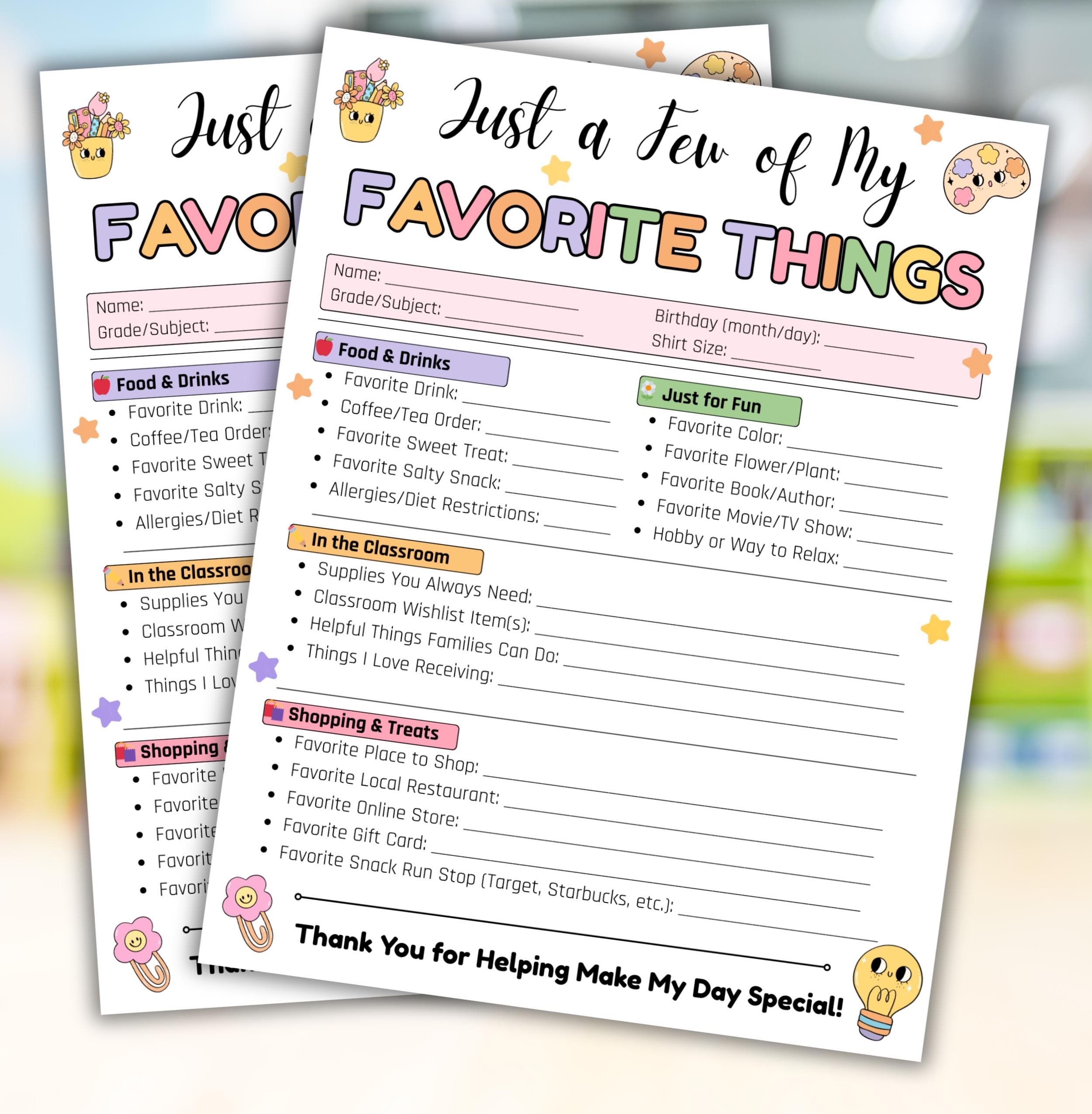 Printable Teacher Favorite Things List PDF, Editable Teacher ...