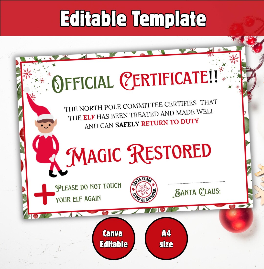 Editable Elf Magic Certificate Christmas Recovery Note Printable Letter ...