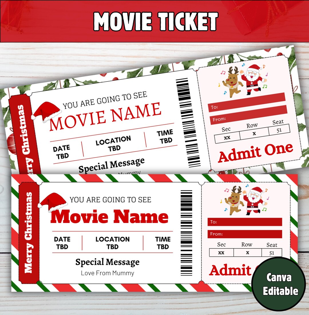 Christmas Movie Ticket Gift Printable, Movie Voucher Holiday ...