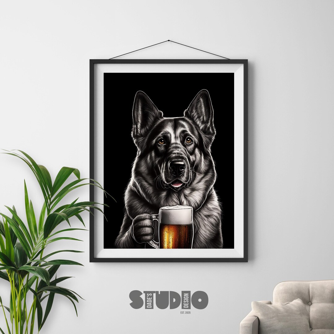 Alsatian Holding Beer Poster, Funny Dog Wall Art in Black & White, Bar ...