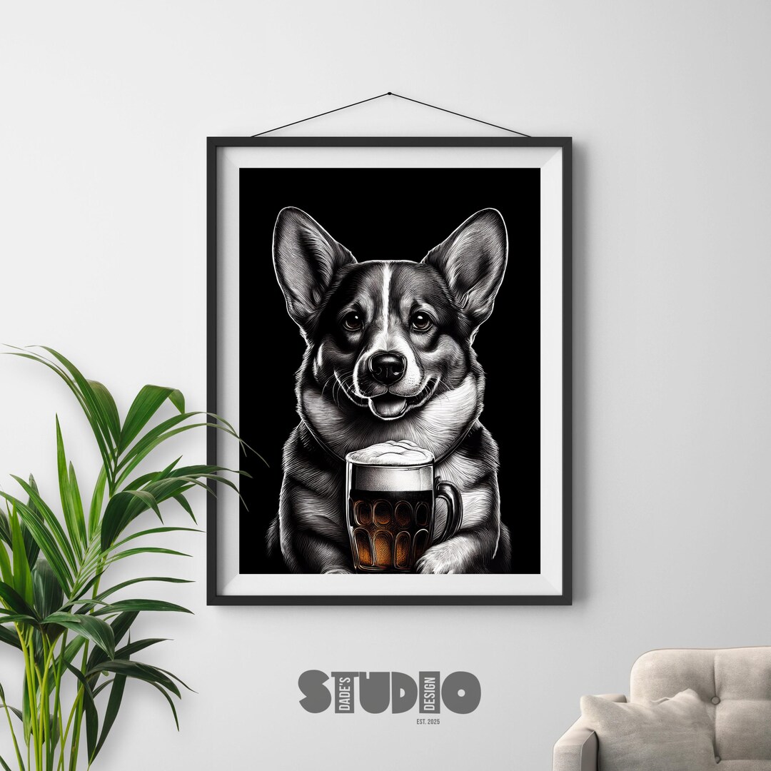 Corgi Holding Beer Poster, Funny Dog Wall Art in Black & White, Bar ...