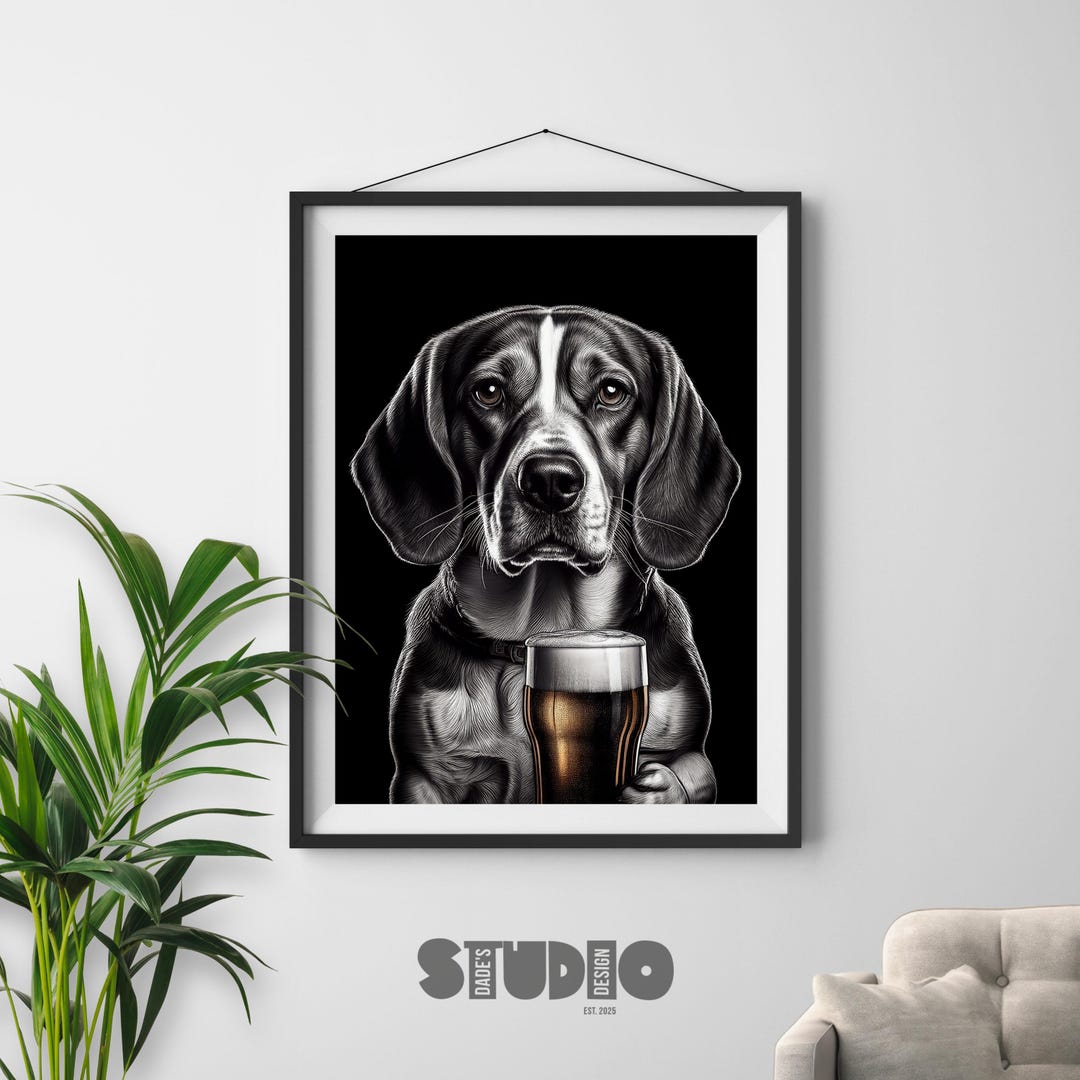 Beagle Holding Beer Poster, Funny Dog Wall Art in Black & White, Bar ...