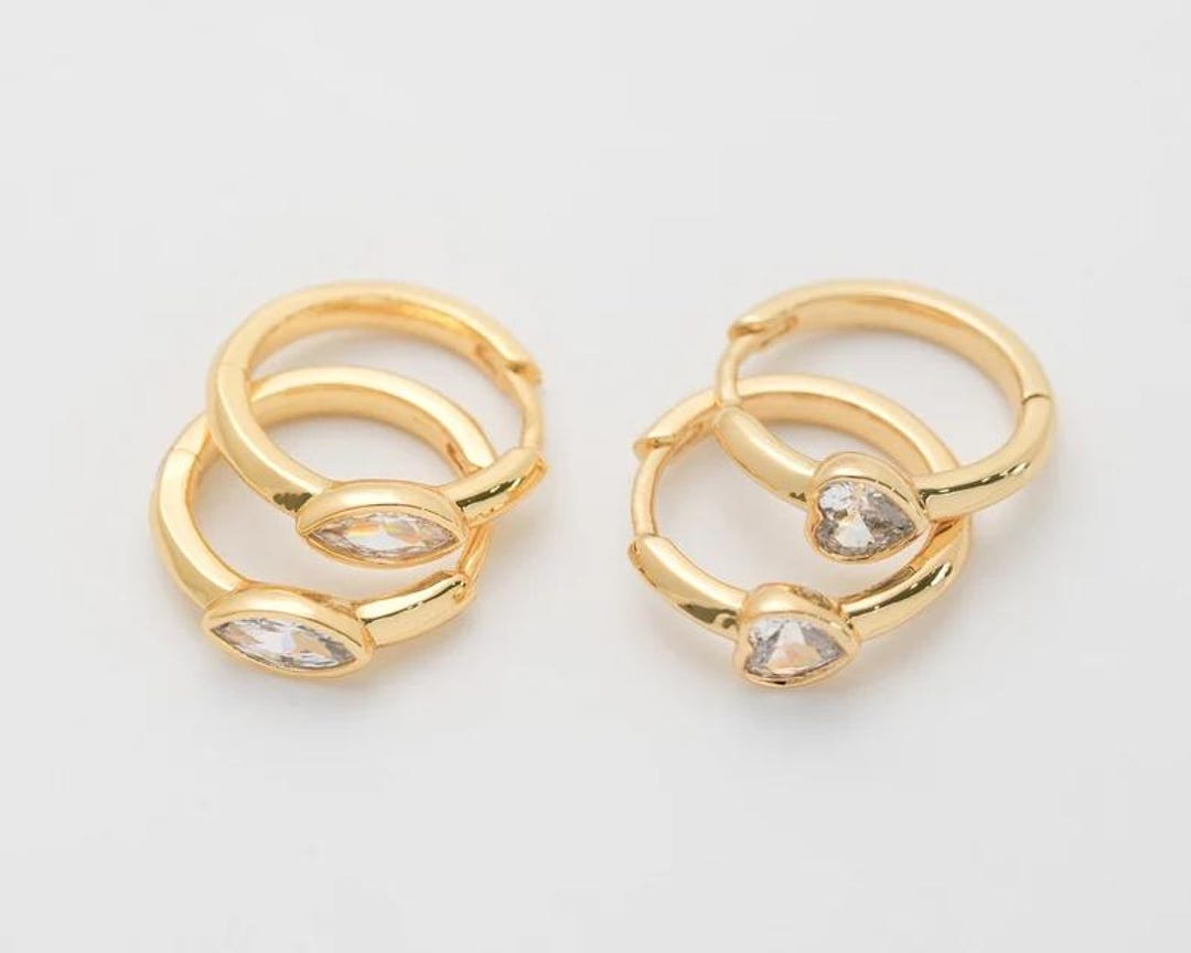 2PCS - Gold Boat Cut Cubic Huggies Hoop, Gold Heart One Touch, Gold ...