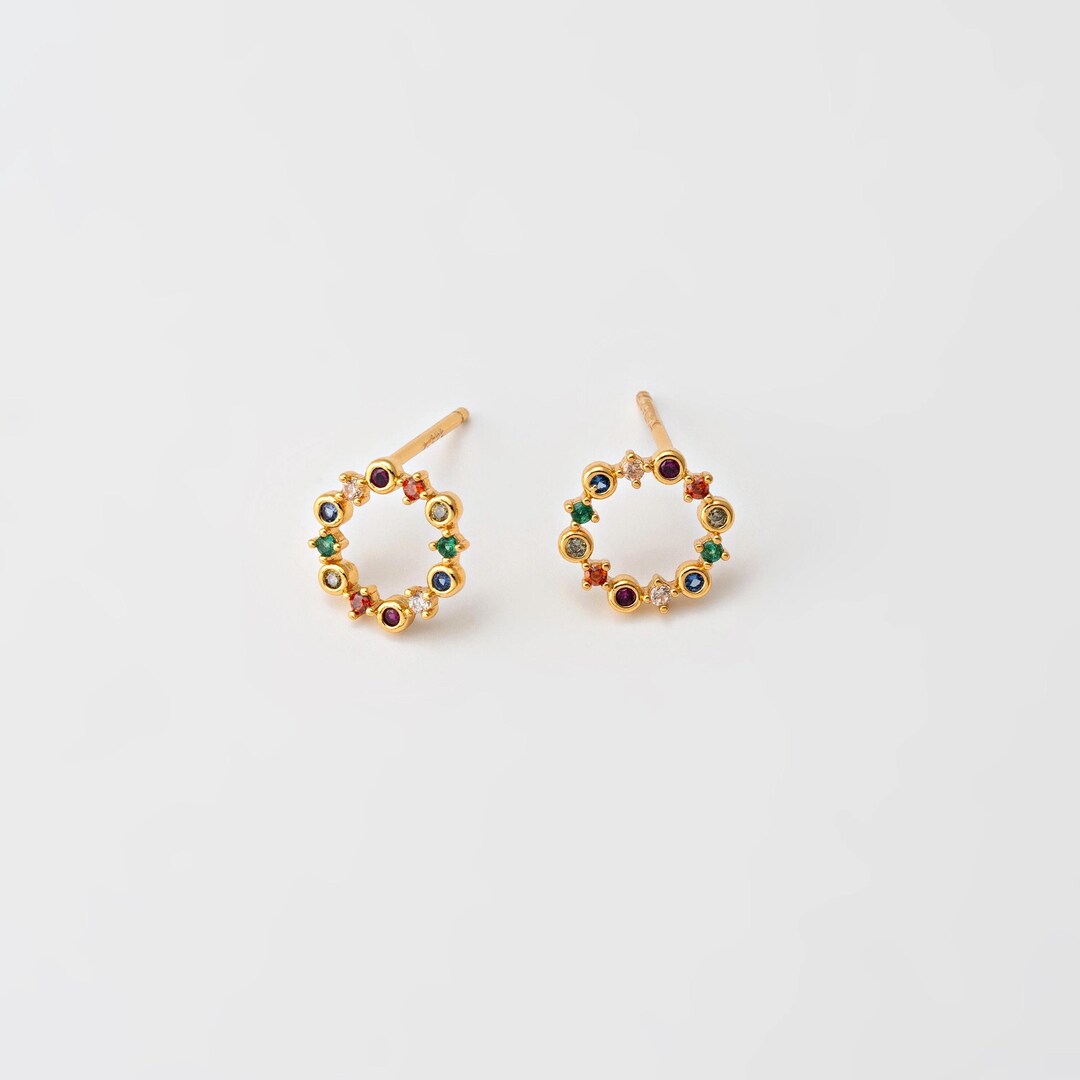 2PCS - Multi Color Zircon Round Shape Stud Earring, Tiny Circle Post ...
